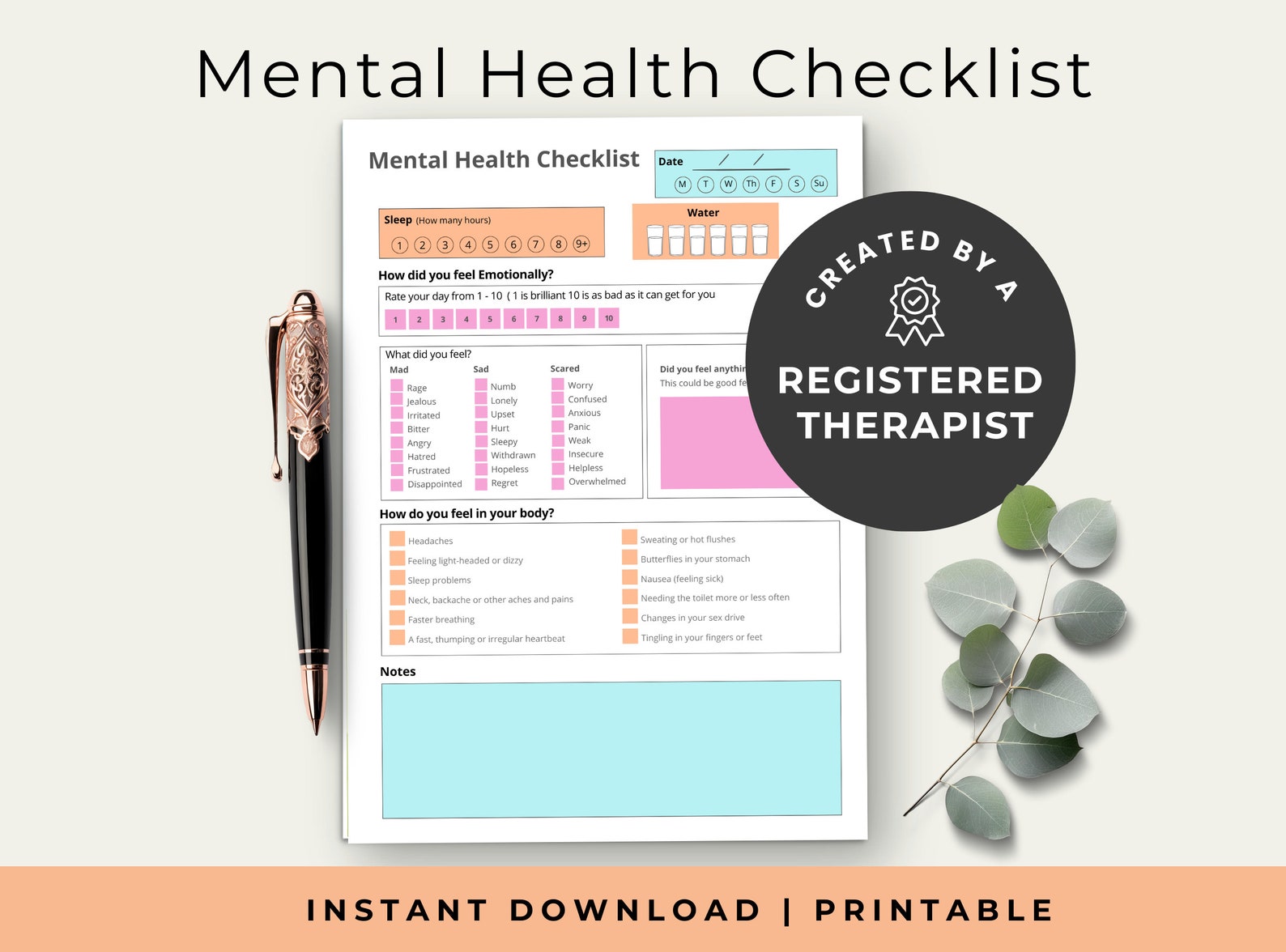 Mental Health Checklist for Adults, Mental Health Tracker, Daily Mood ...