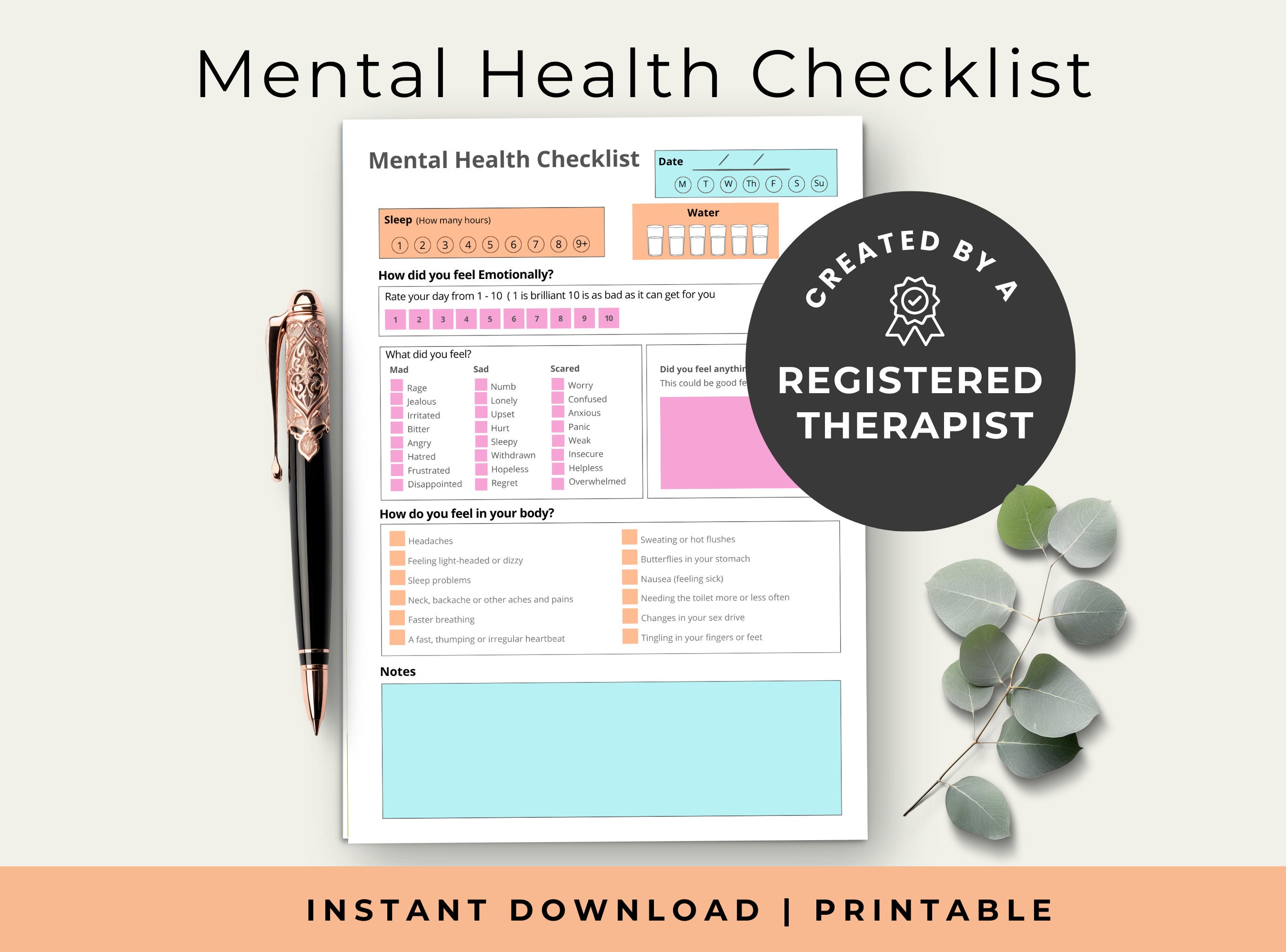 Mental Health Checklist for Adults, Mental Health Tracker, Daily Mood ...