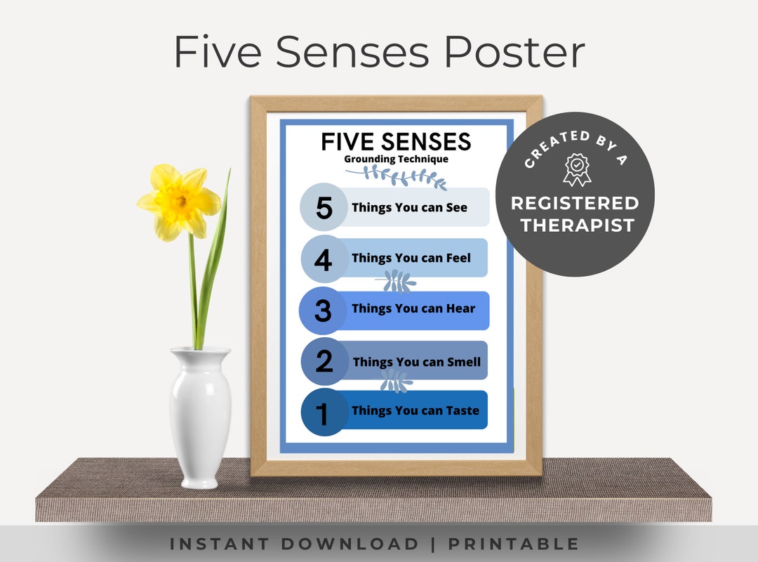 5 Senses Poster, Blue Mental Health Printable, Emotional Regulation ...