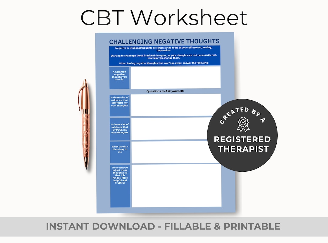 CBT Challenging Negative Thoughts Worksheet, Blue Fillable PDF - Etsy