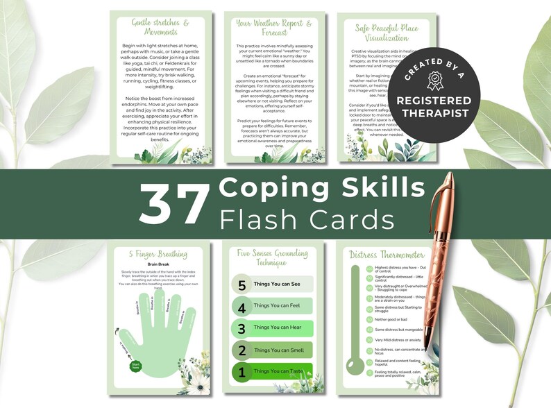 Coping Skills Cards for Adults, Green Emotional Regulation Tool, 37 ...