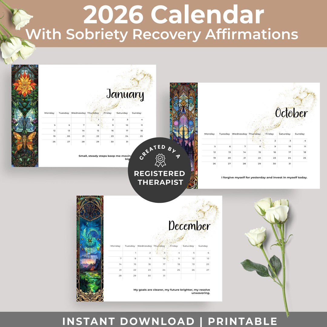 2026 Addiction Recovery Printable Calendar, Stainglass Design With ...