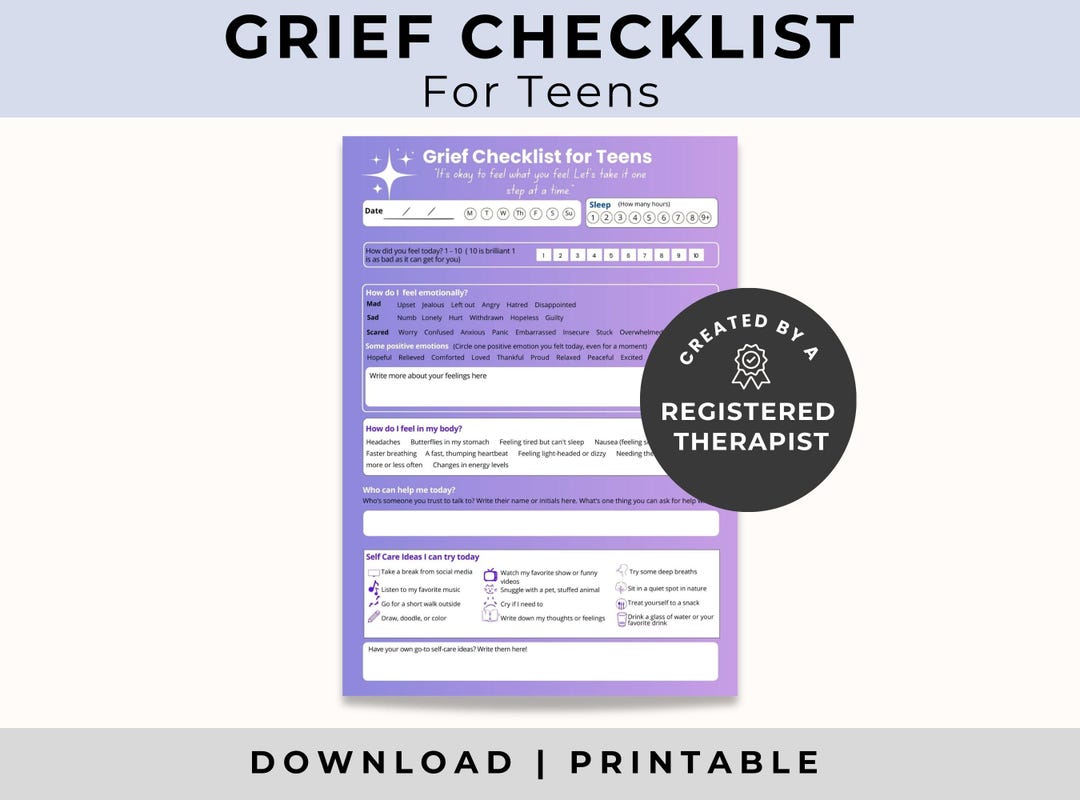 Grief Checklist for Teens, Purple Coping With Loss Worksheet, PDF ...