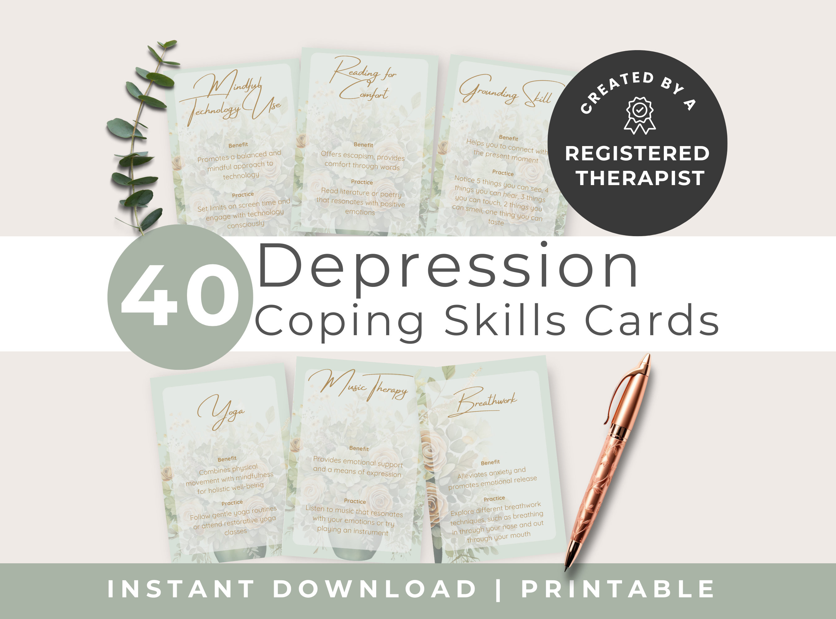 Coping Skills Card Deck, Self Care for Depression, Botanical Printable ...