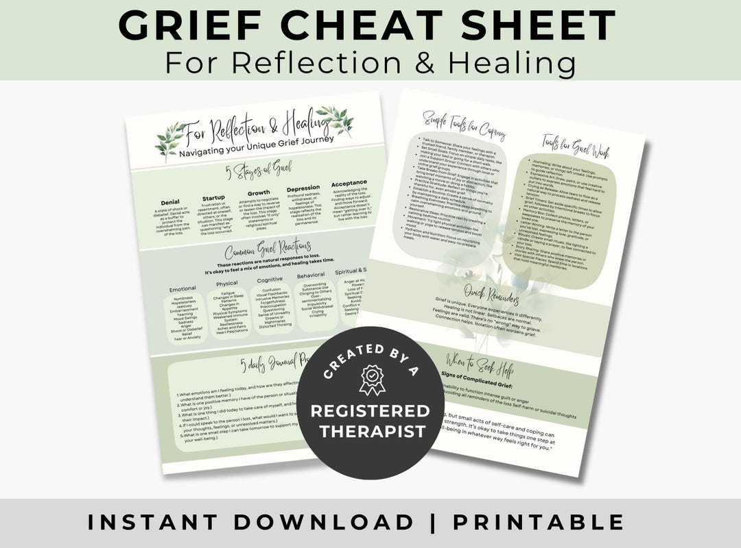 Grief and Loss Worksheet for Adults, Green Grief and Loss Cheat Sheet ...