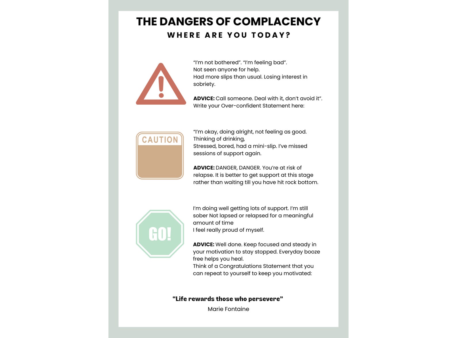 Addiction Recovery Poster, the Dangers of Complacency, Sobriety ...