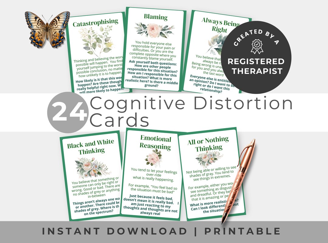 Cognitive Distortions Cards, Change Negative Thoughts, CBT Printable ...