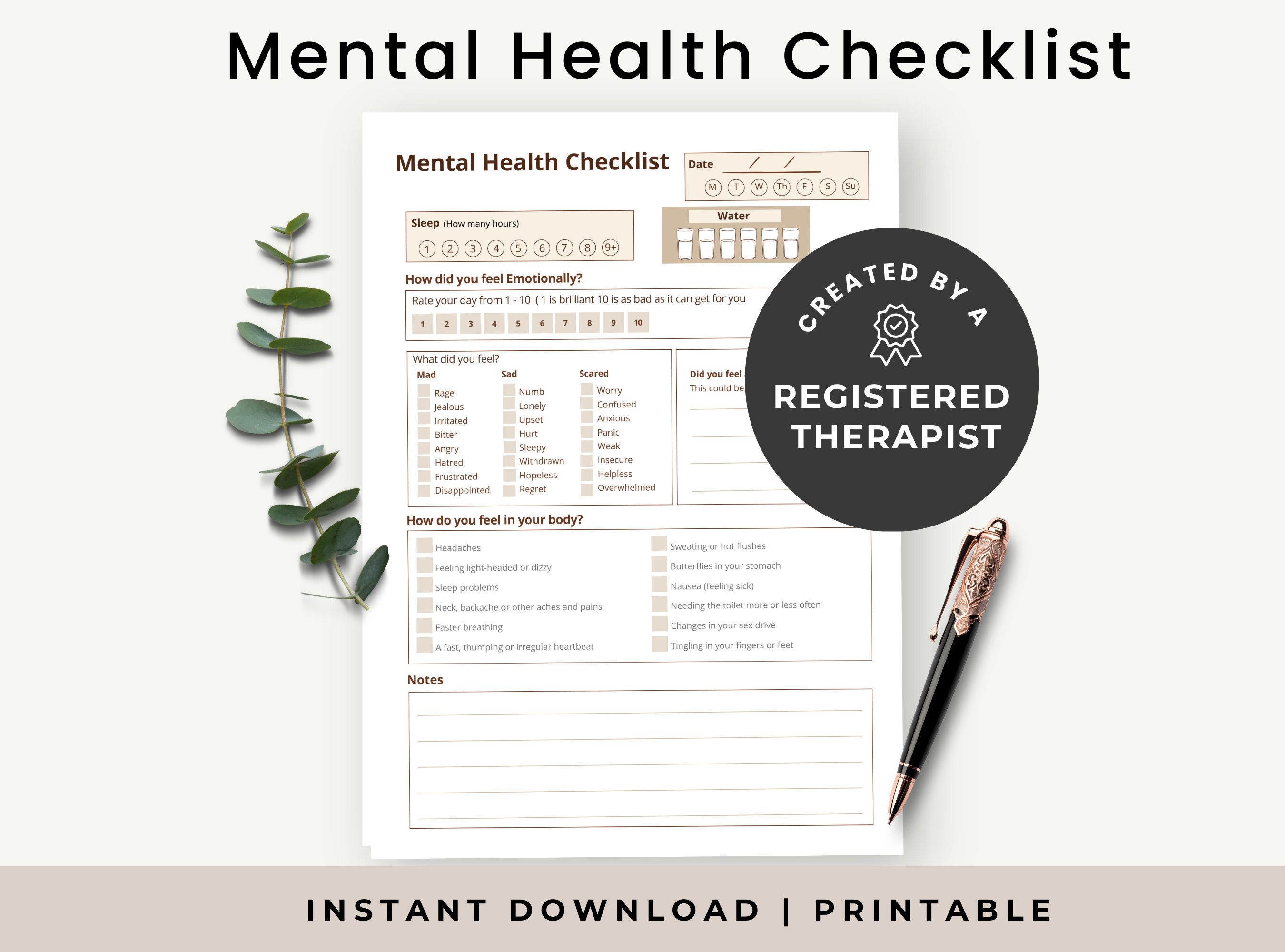 Mental Health Checklist for Adults, Mental Health Tracker, Daily Mood ...