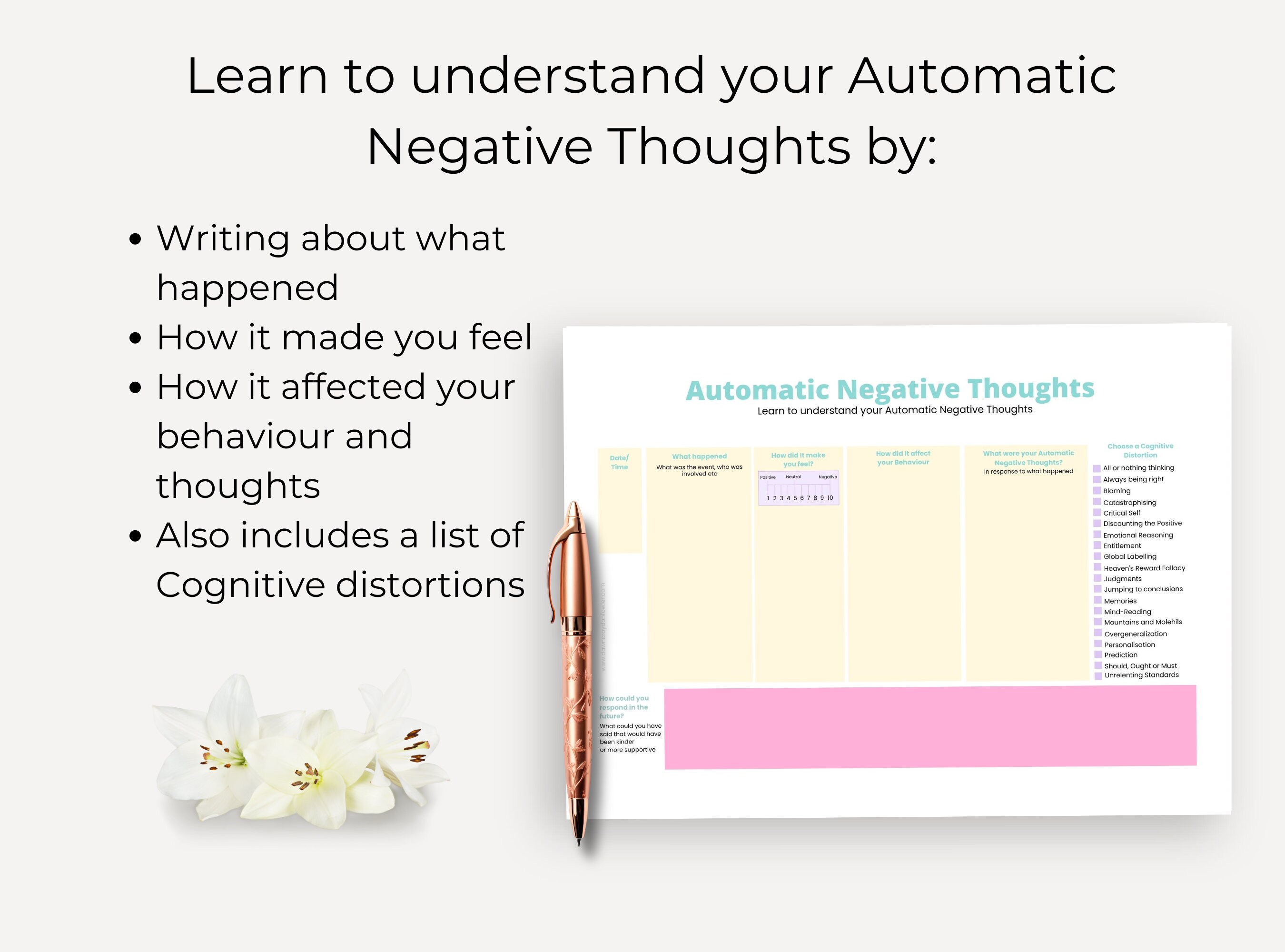Therapy Worksheets for Adults, Automatic Negative Thoughts, Fillable ...