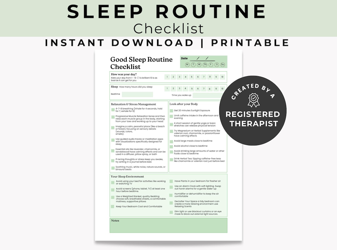 Sleep Routine Printable Worksheet, Green Sleep Hygiene PDF, Night ...