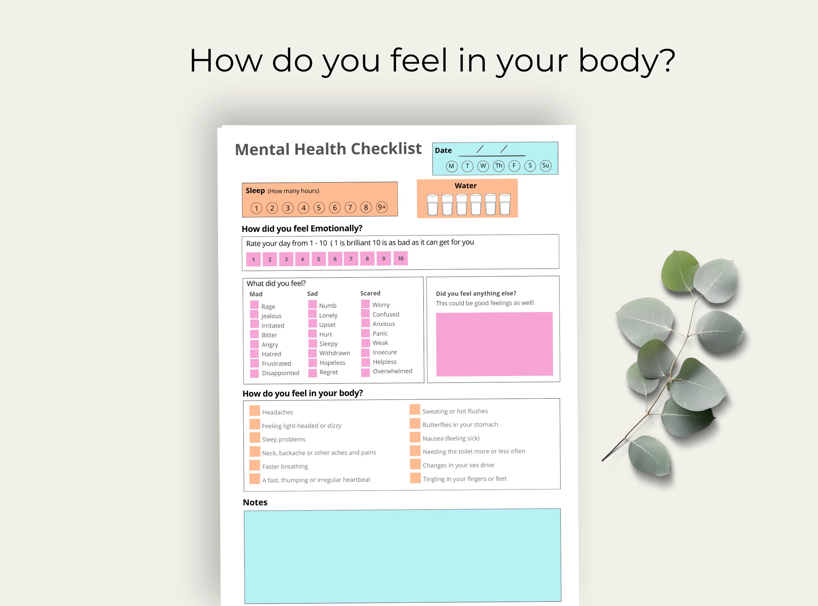 Mental Health Checklist for Adults, Mental Health Tracker, Daily Mood ...