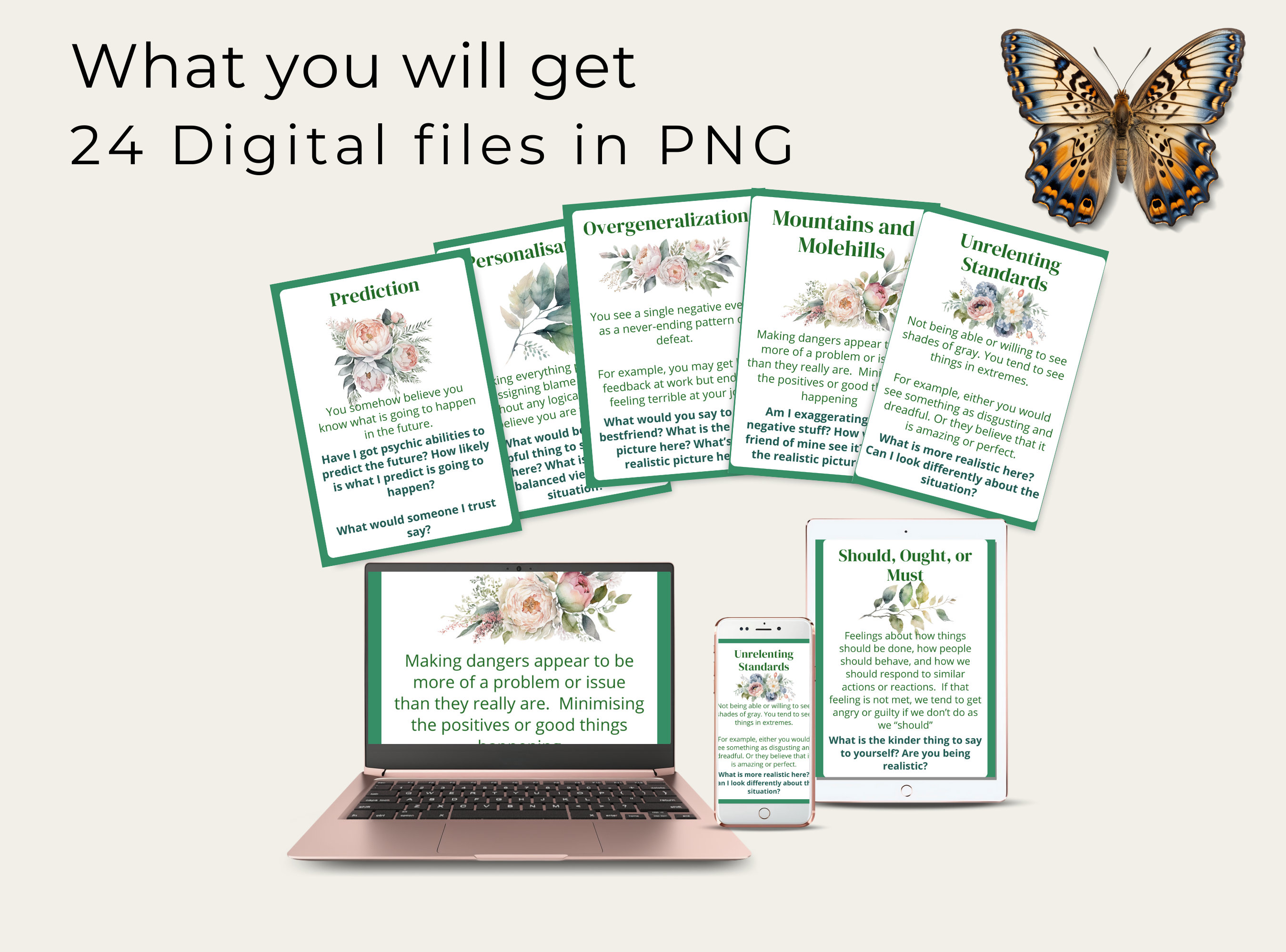 Identifying Cognitive Distortions, Green Printable Flashcard, CBT for ...