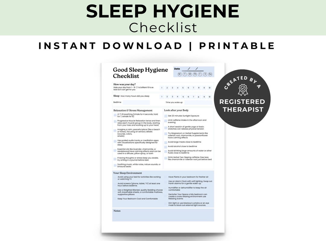 Sleep Hygiene Worksheet, Better Sleep Checklist, Sleep Improvement ...