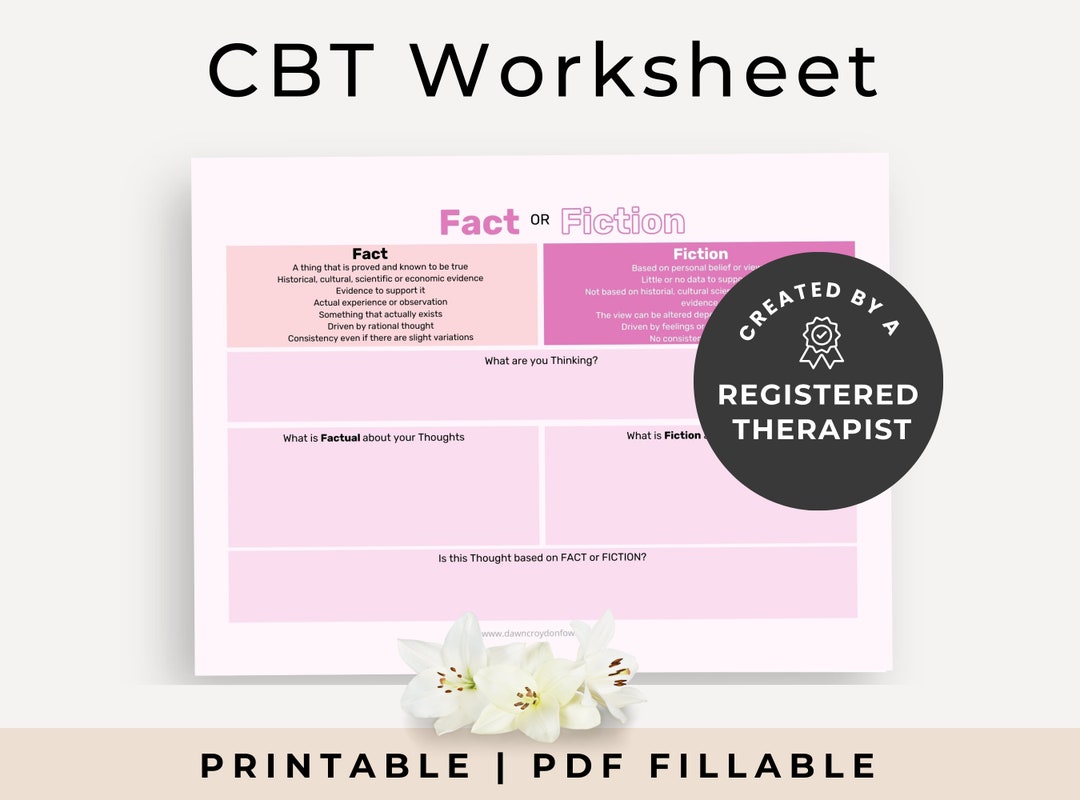 CBT Worksheet for Adults, Fact or Fiction Technique, Pink Fillable PDF ...