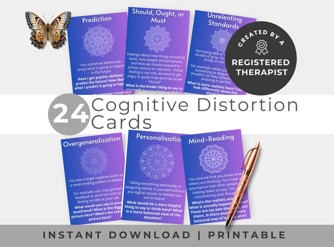 Cognitive Distortion Printable Cards, Purple Flash Cards, Challenging ...