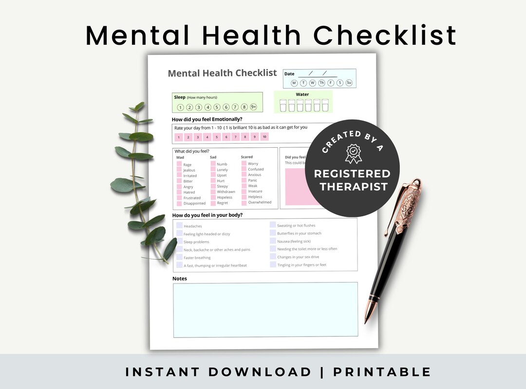 Mental Health Checklist for Adults, Mental Health Tracker, Daily Mood ...
