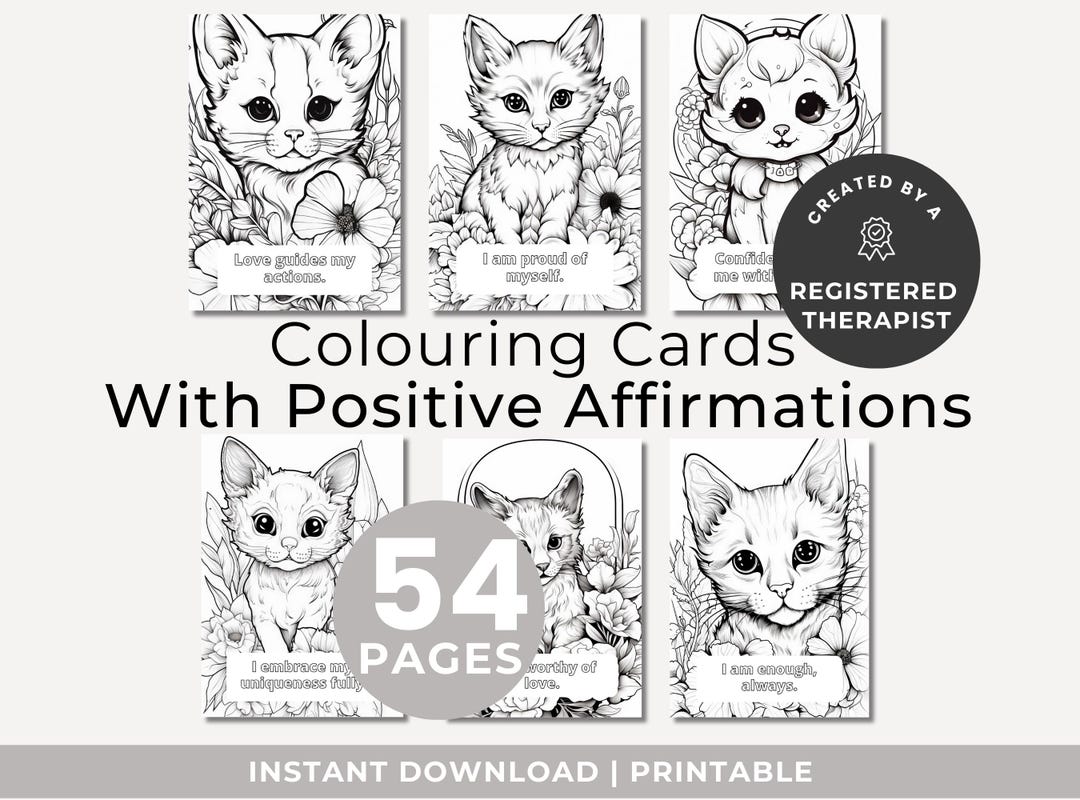 Cats Coloring for Mindfulness, Positive Affirmations Colouring Cards ...