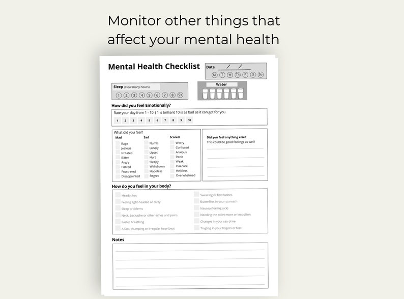 Mental Health Checklist for Adults, Mental Health Tracker, Daily Mood ...