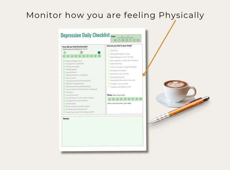 Daily Checklist for Depression PDF, Monitor Psychological Symptoms Printable, Check My Mental ...