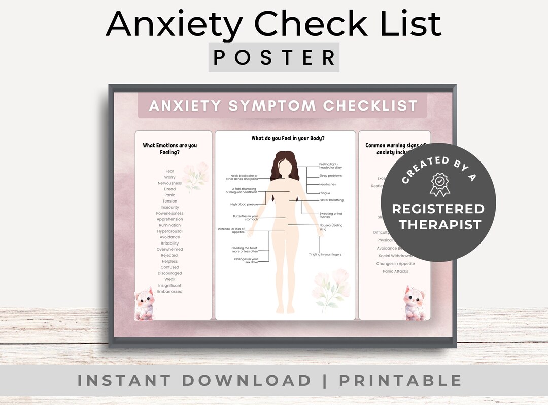 Anxiety Checklist, Printable Anxiety Signs & Symptoms Poster, Pink ...