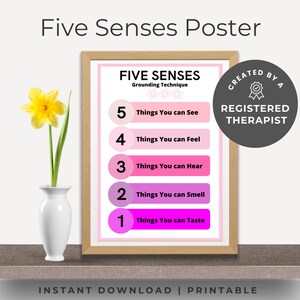5 Senses Poster, Pink Mental Health Posters Adults, Therapy Resources ...