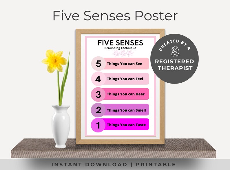 5 Senses Poster, Pink Mental Health Posters Adults, Therapy Resources ...