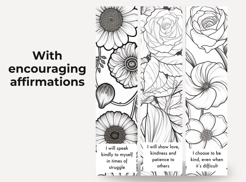 Floral Bookmarks to Color, Printable Affirmation Bookmarks, Book Lover ...