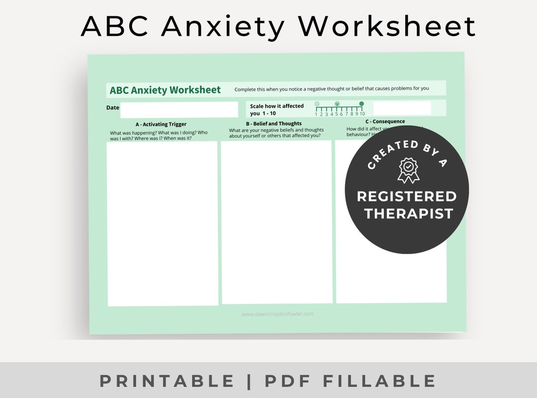 Anxiety Therapy Worksheet for Adults, ABC Cbt Tool, Fillable PDF Form ...