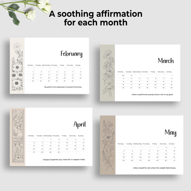 2026 Printable Grief Calendar Featuring Affirmations, Minimalist Design ...
