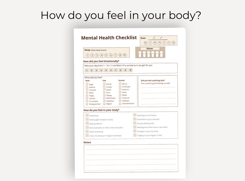 Mental Health Checklist for Adults, Mental Health Tracker, Daily Mood ...