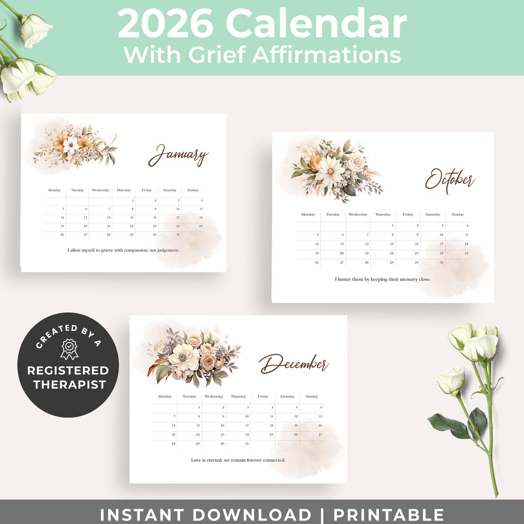 2026 Grief Calendar Printable PDF, Bereavement Support Affirmations ...