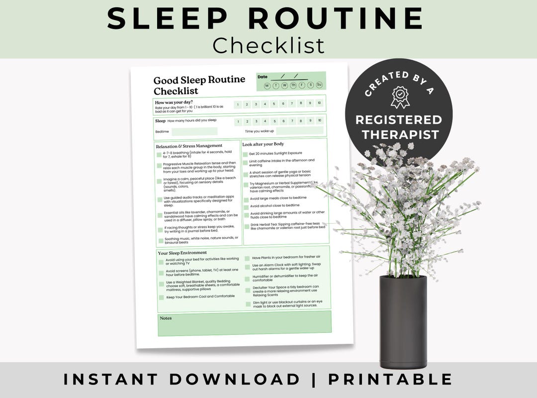 Sleep Hygiene Checklist, Green Nightly Routine Planner, Sleep ...