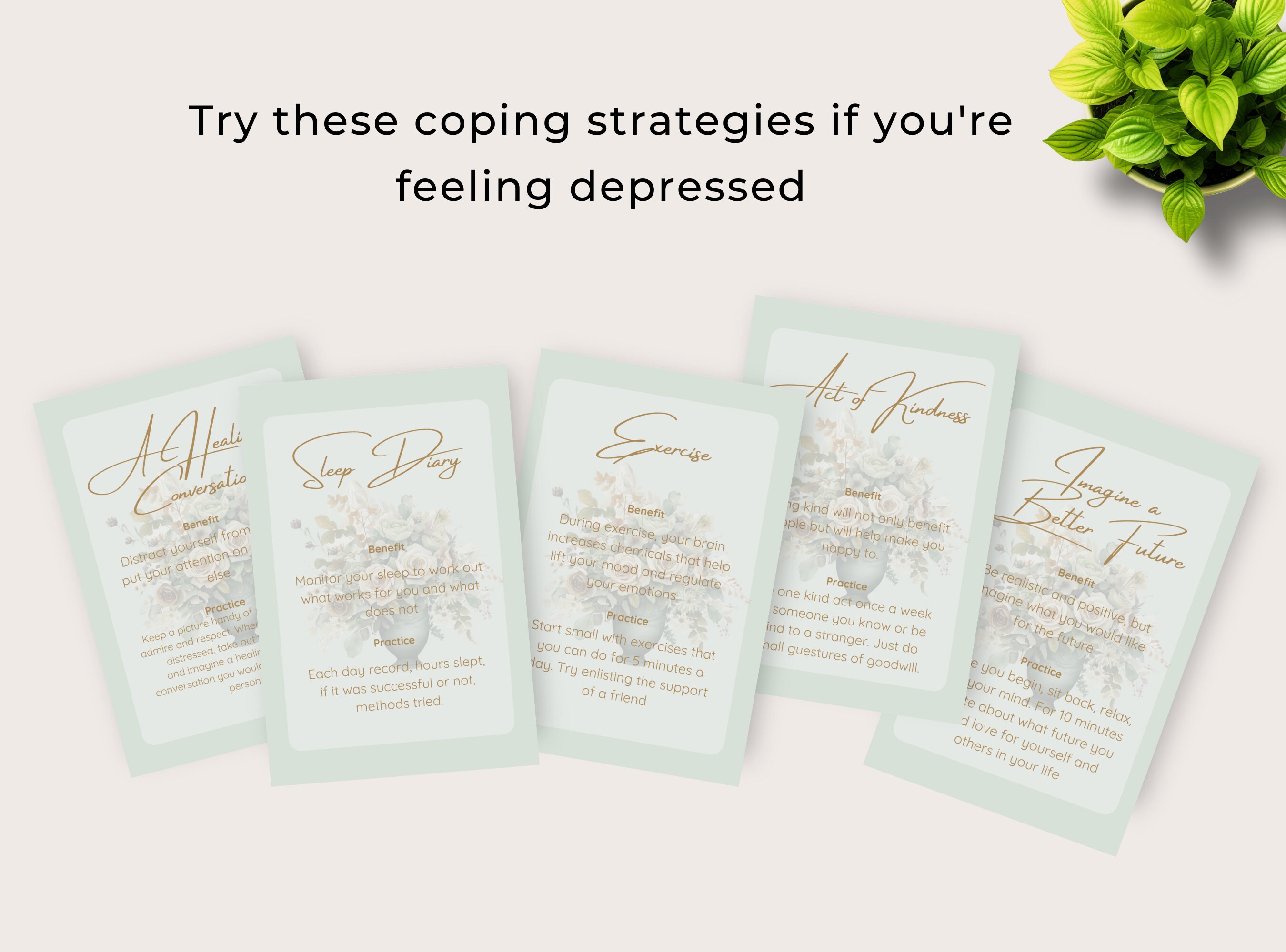 Coping Skills Card Deck, Self Care for Depression, Botanical Printable ...