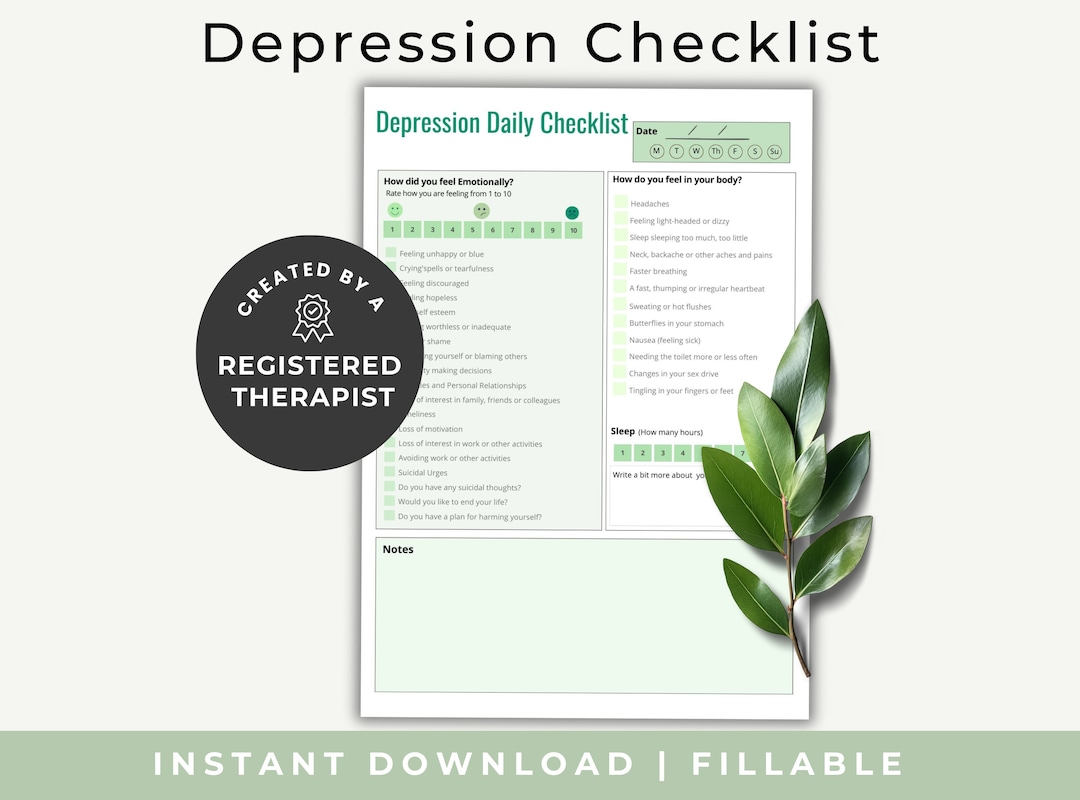 Daily Checklist for Depression PDF, Monitor Psychological Symptoms Printable, Check My Mental ...