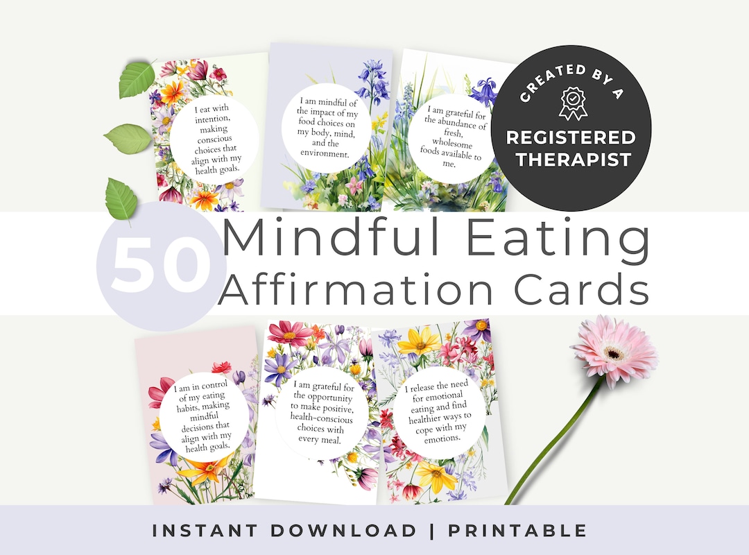 Mindful Eating Affirmation Cards, Floral Flashcards, Digital Download ...