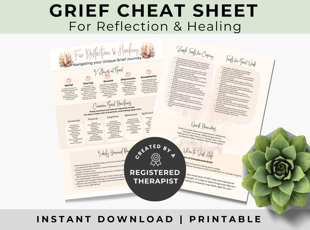 Grief and Loss Worksheet Adult, Printable Grief Cheat Sheet, Quick Reference for Healing for ...