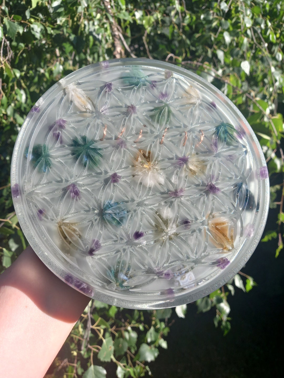 ORGONITE CHARGING PLATE - Flower of Life - Filled With Crystals ...