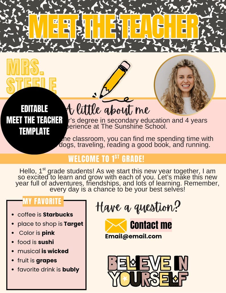 Editable Pencil Theme Teacher Introduction Letter, Teacher Welcome ...