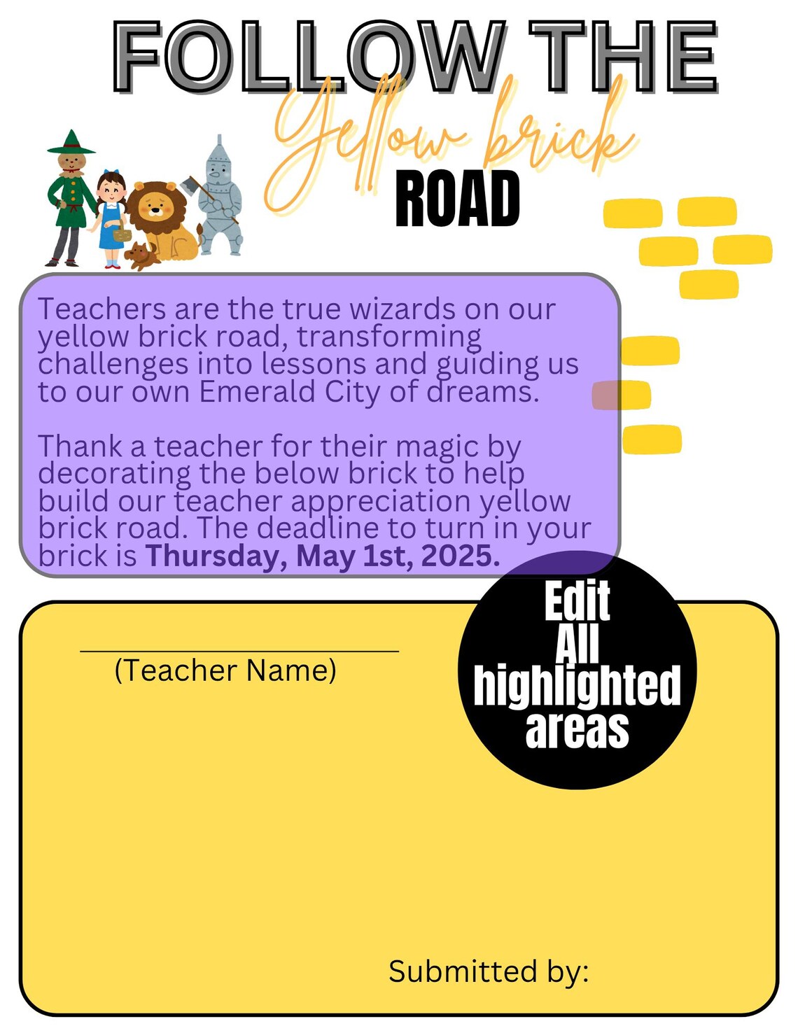 Wicked Teacher Appreciation Yellow Brick Road (EDITABLE CANVA TEMPLATE ...
