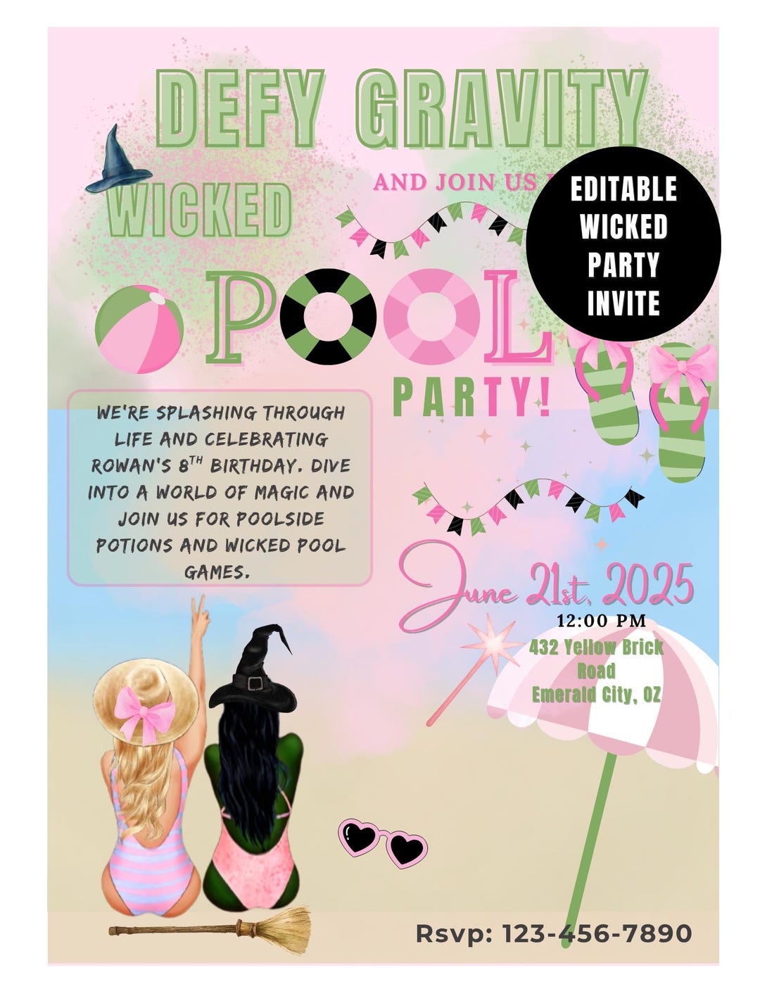 Wicked Pool Party Invitation, Glinda Elphaba Party, Summer Birthday ...