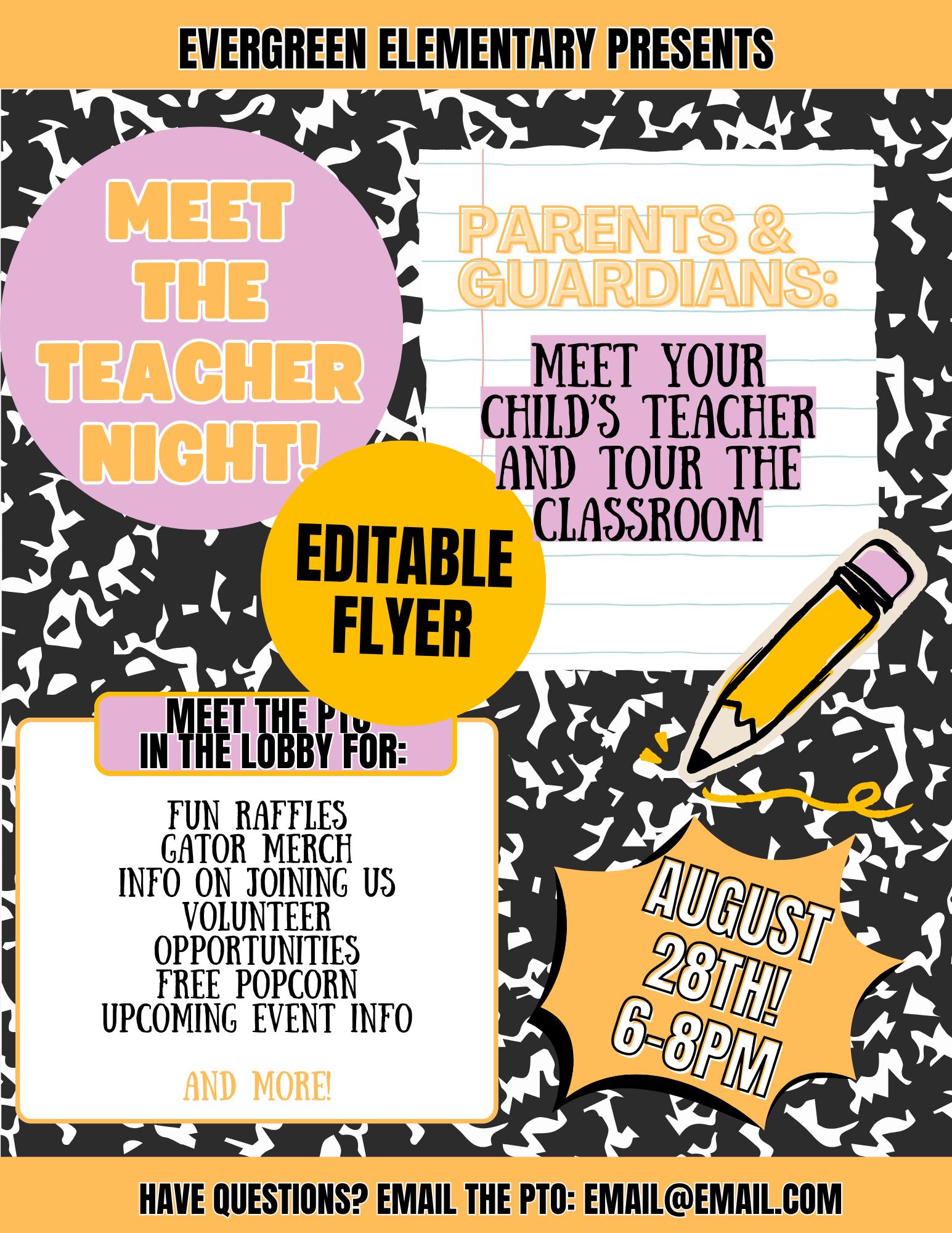 Editable Meet the Teacher Night Flyer, Back to School, School Event ...