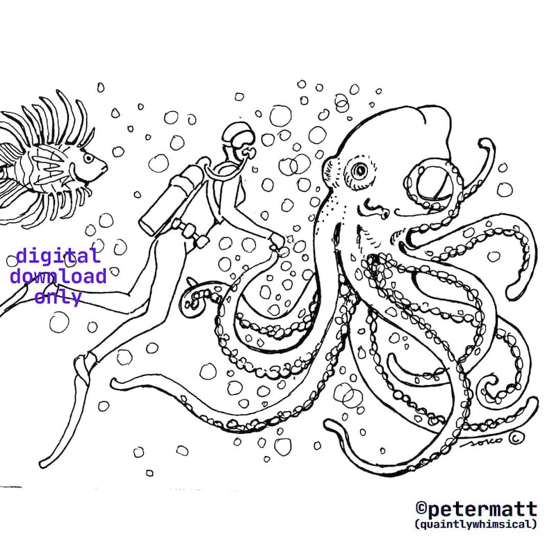 Octopus and His Human Diver Friend in the Ocean World of Fish and Sea ...