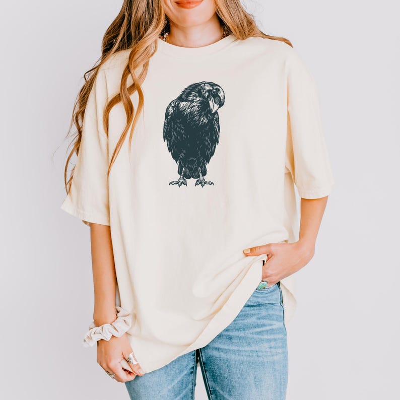 Minimalist Raven T-shirt, Linocut Woodcut Engraving Style Tee, Gothic ...
