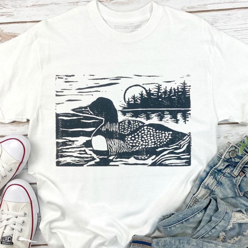 Common Loon Linocut T-shirt – Lake Nature Art, Bird Lover Gift, Scenic ...