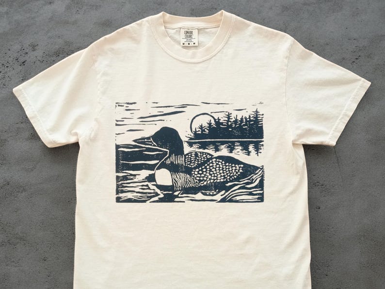 Common Loon Linocut T-shirt – Lake Nature Art, Bird Lover Gift, Scenic ...