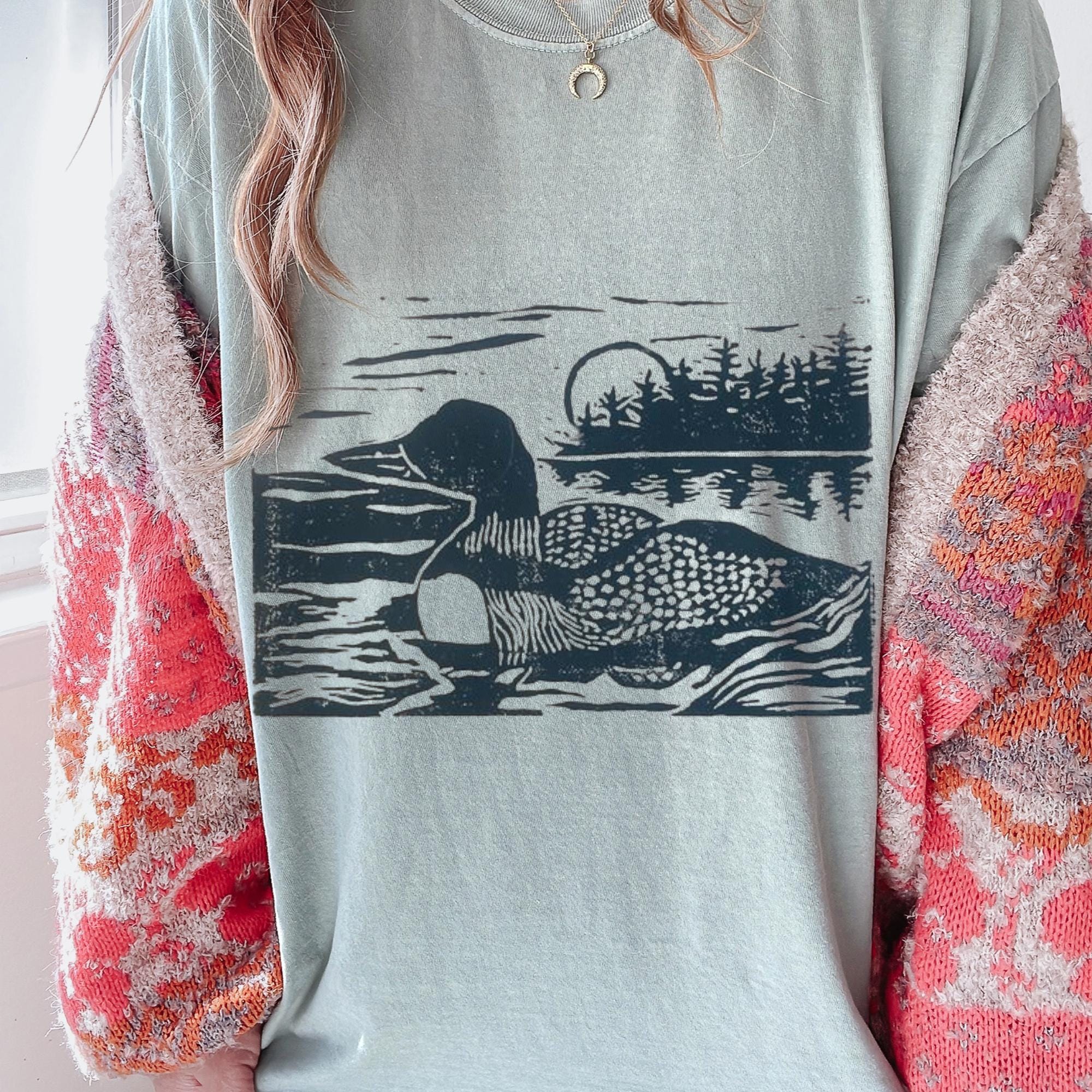 Common Loon Linocut T-shirt – Lake Nature Art, Bird Lover Gift, Scenic ...