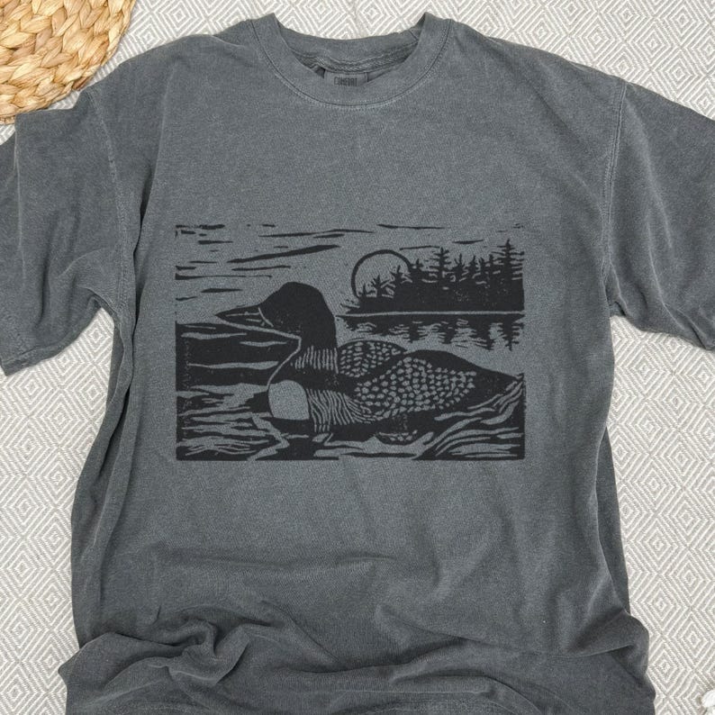 Common Loon Linocut T-shirt – Lake Nature Art, Bird Lover Gift, Scenic ...