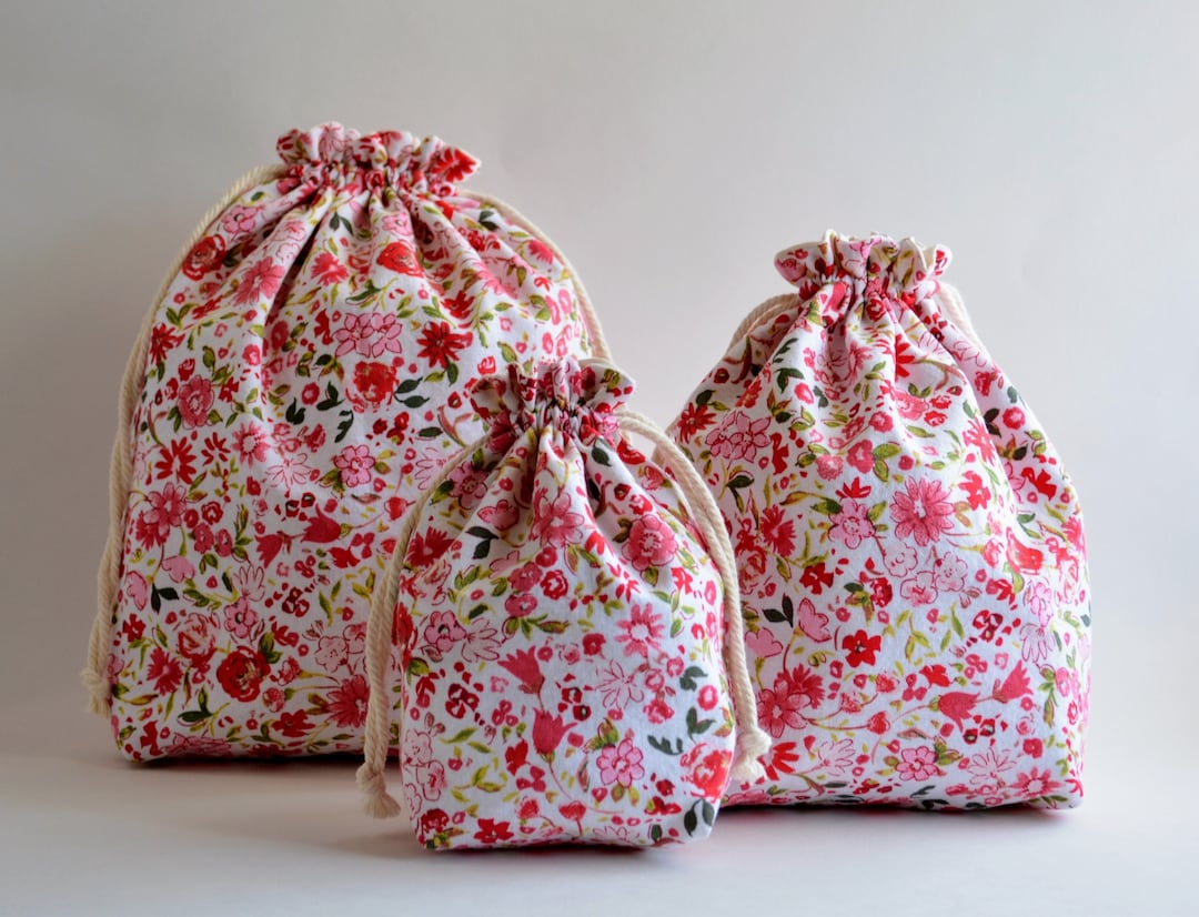 Cotton Floral Drawstring Bag, Handmade Drawstring Bag, Multiple Sizes ...