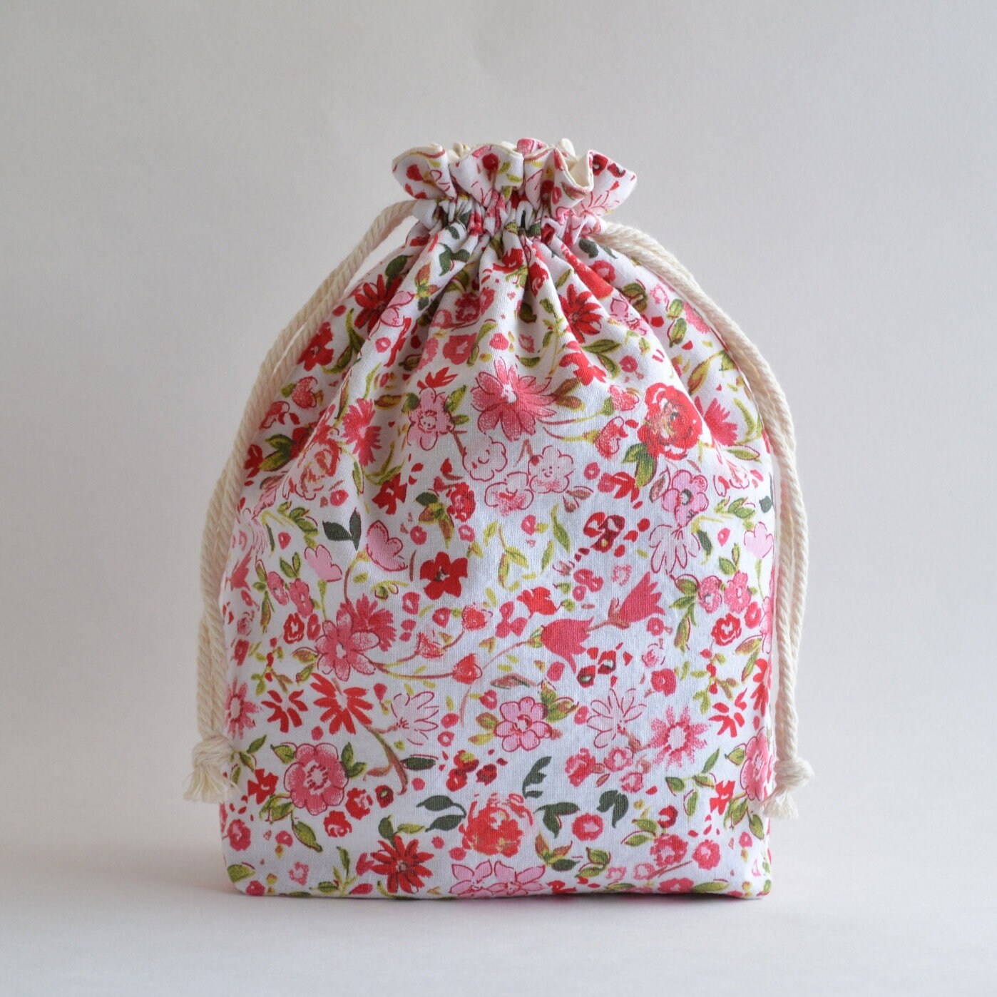 Cotton Floral Drawstring Bag Handmade Drawstring Bag Multiple Sizes