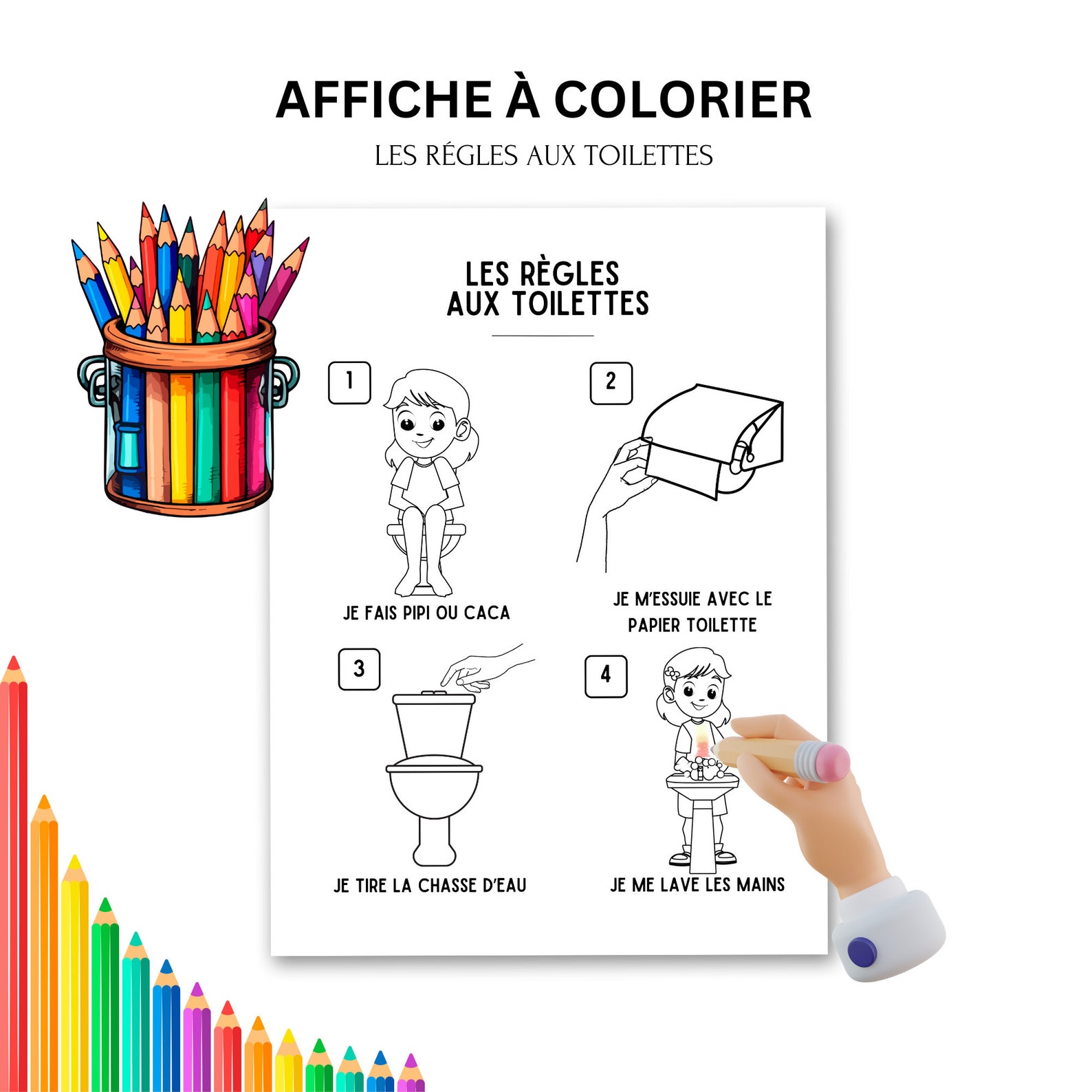 Règles aux toilettes à colorier pour enfants, Affiche WC enfant à ...
